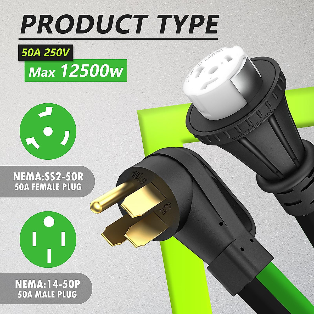 RVVIN 50 Amp 25 Feet RV Extension Cord, 14-50P to SS2-50R Heavy Duty STW Generator Extension Cord for RV Camper and Generator to House, with Locking Connector, ETL Listed (Black&Green)