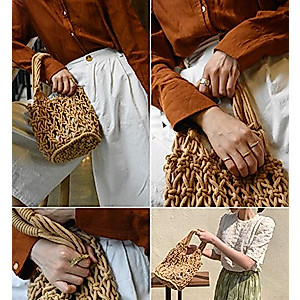 JBRUN Women's Bucket Drawstring Handbag Fishing Net Shoulder Bag Straw Weave Handbag Summer Beach Bags Hobo Bag (A-Brown)