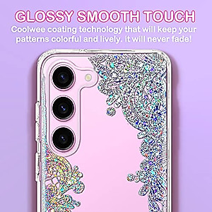 Coolwee Clear Glitter for Samsung Galaxy S23 Case, 6.1 inch, Anti Yellowing Military Grade Drop Protection Shockproof Flower Slim Crystal Bling Lace Floral Hard PC Soft TPU Bumper Cover Mandala Henna