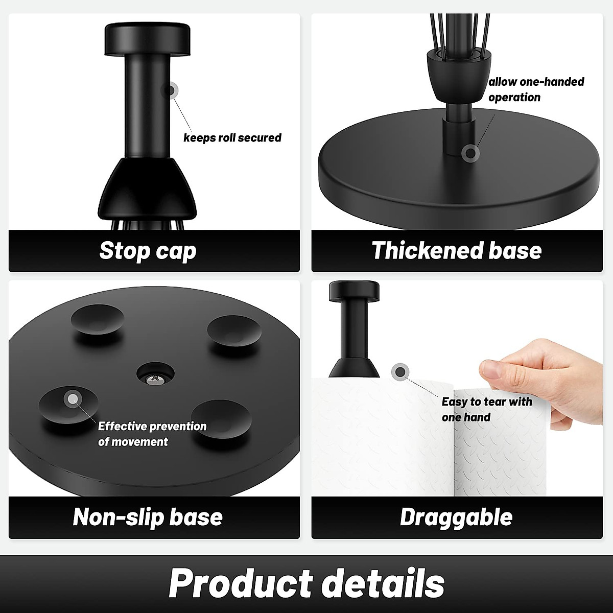 VEHHE Black Paper Towel Holder Countertop, Perfect Tear Paper Towel Holder Stand with Suction Cups, Bathroom Paper Towel Holder Made of Stainless Steel for Easy One-Handed Operation|Black