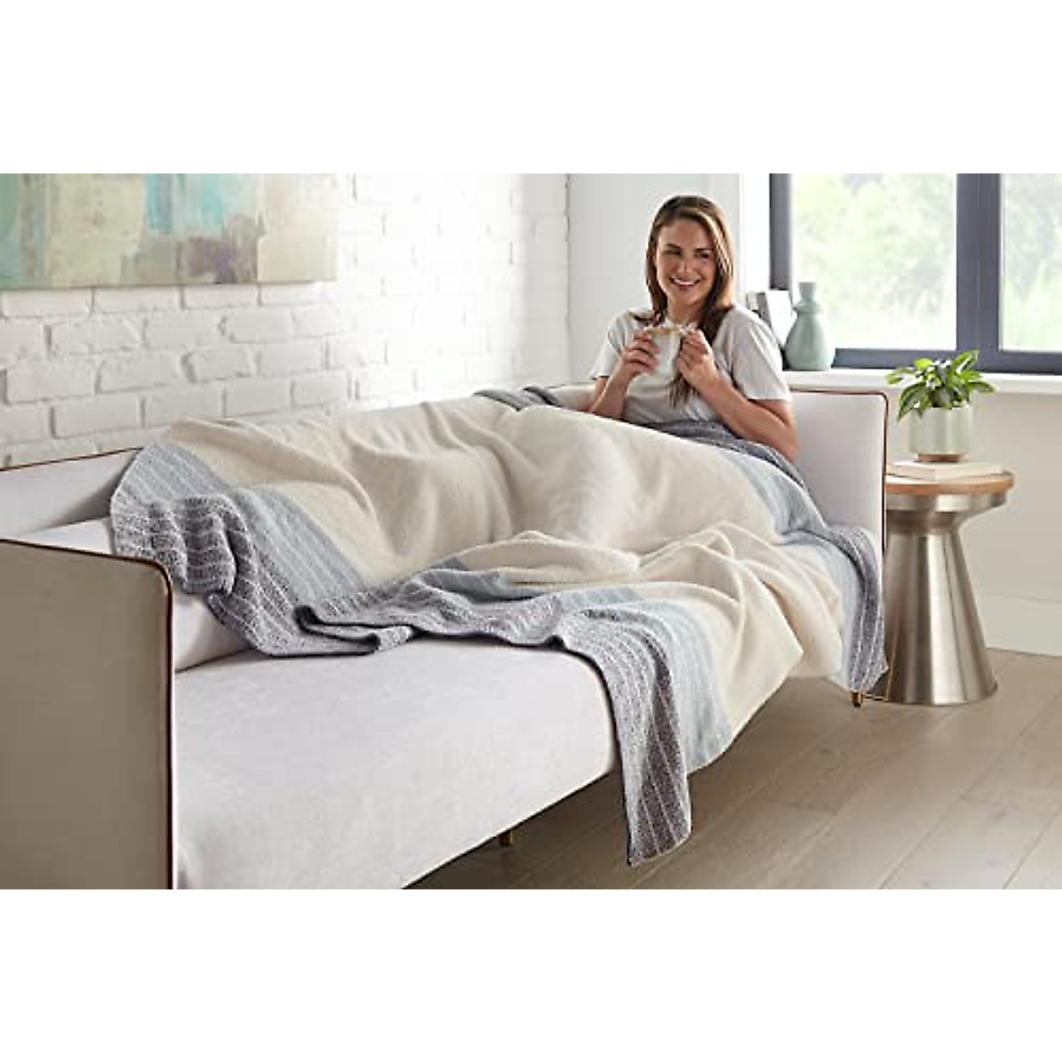 Crafted by Catherine Heathered Border Cozy Knit Throw Blanket 60" x 70" Inches, Soft Comfy Decorative Throw for Couch Bed Sofa Travel, Stripe Cream and Blue