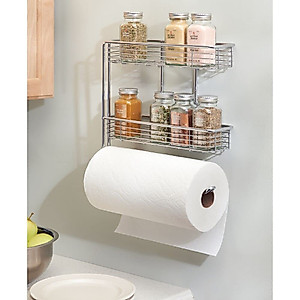 mDesign Wall Mount Metal Paper Towel Roll Holder and Dispenser with 2 Shelf Baskets - Kitchen Storage and Organization for Spice Bottles, Glass Jars, Salt, Pepper - Chrome