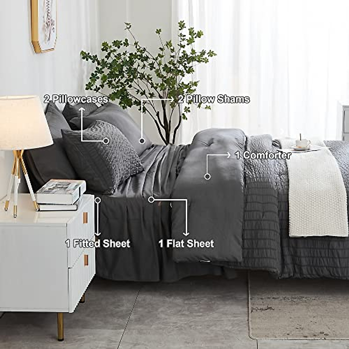 AveLom Dark Grey Comforter Queen Size Set with Sheets - 7 Pieces Bed in a Bag Seersucker Complete Bedding Set, All Season Lightweight Bed Set with Comforter, Sheets, Pillowcases & Shams