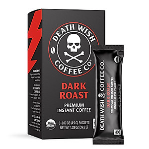 Death Wish Coffee Instant Coffee Dark Roast, 8 Single Serve Packets, Extra Kick of Caffeine, Bold & Intense Blend of Arabica & Robusta Beans, USDA Organic Powder, 300mg of Caffeine for Day Lift