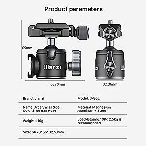 Tripod Ball Head ULANZI U-80L Camera Quick Release Metal Ball Head Camera Mount Arca Swiss 360° Rotating with Quick Release Plate & Cold Shoe, 22lbs/10kg Load for 1/4" Tripod,Monopod,DSLR,Camera