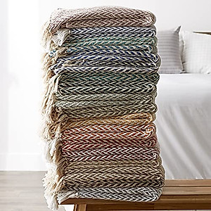 DII Modern Zig Zag Throw Blanket Woven Cotton, Hand-Knotted 2.5" Fringe, 50x60, Stone
