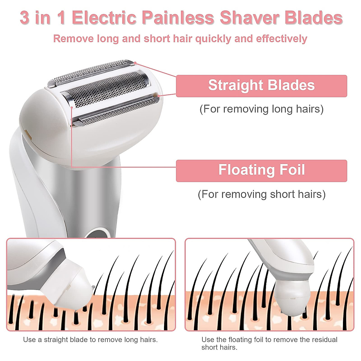 Electric Shaver for Women Legs, Painless Lady's Bikini Trimmer Body Hair Removal, Waterproof 3-in-1 Blade Hair Razor Epilator with LED Display for Arm Armpit Chin Bikini Area & Upper Lip (White)