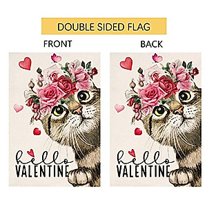 Valentines Cat Garden Flag 12x18 Vertical Double Sided Red Pink Rose Love Heart Spring Farmhouse Holiday Outside Decorations Burlap Yard Flag BW237