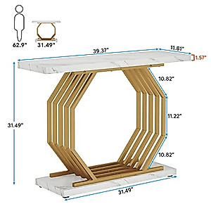 Tribesigns Gold Console Table, Faux Marble Entryway Table Narrow Sofa Table with Geometric Metal Base, 40 Inch Modern Accent Table Entrance Table for Living Room, Hallway, Foyer, White and Gold