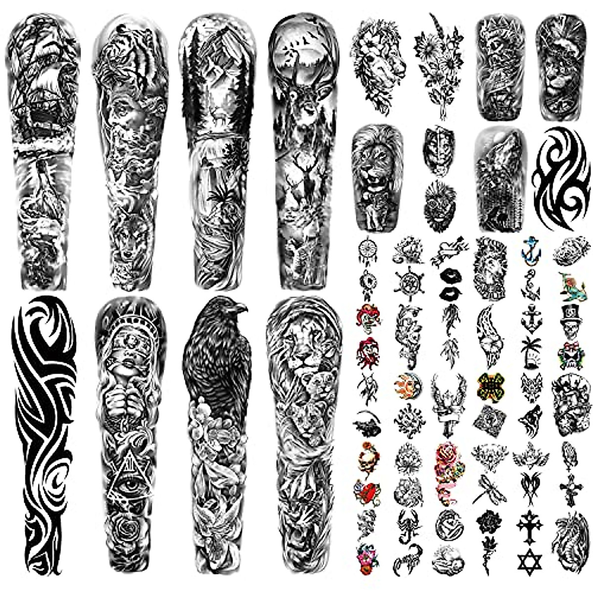SOOVSY 46 Sheets Full Arm Temporary Tattoo with Lion, Temporary Tattoo Sleeves for Men, Fake Tattoos Adult Realistic with Flower, Full Sleeve Tattoos for Women w/Wolf Eagle & Deer
