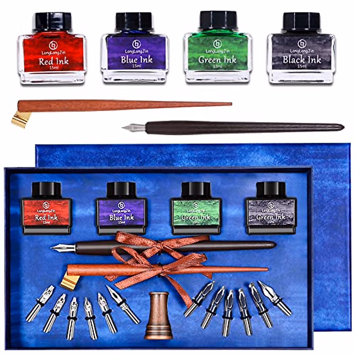 LongLongJin Calligraphy Set for Beginners-calligraphy Fountain Pen,2 Wooden Dip Pen, 12 Replaceable Stainless Steel Tips, 4 Bottles of of Ink,1pen Holder
