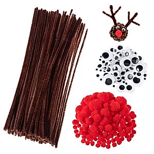 Whaline 350 Pcs Christmas Pipe Cleaners Set Including 100 Pcs Brown Craft Chenille Stems, 100 Pcs Multi Sized Wiggle Googly Eyes and 150 Pcs Pompoms for Christmas Craft Party DIY Art Supplies