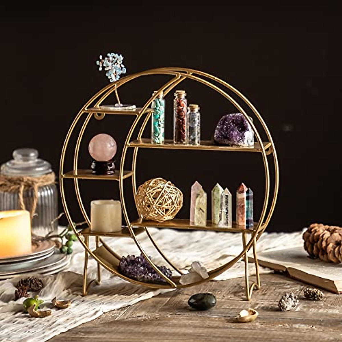 Apresolar Moon Shelf for Crystals - Circle Shelf Wall Decor for Wall and Countertop - Crystal Shelf Display for Stones, Essential Oil, Pendulum - Boho Hanging Moon Shelves, Wiccan Decor (Matte Gold)