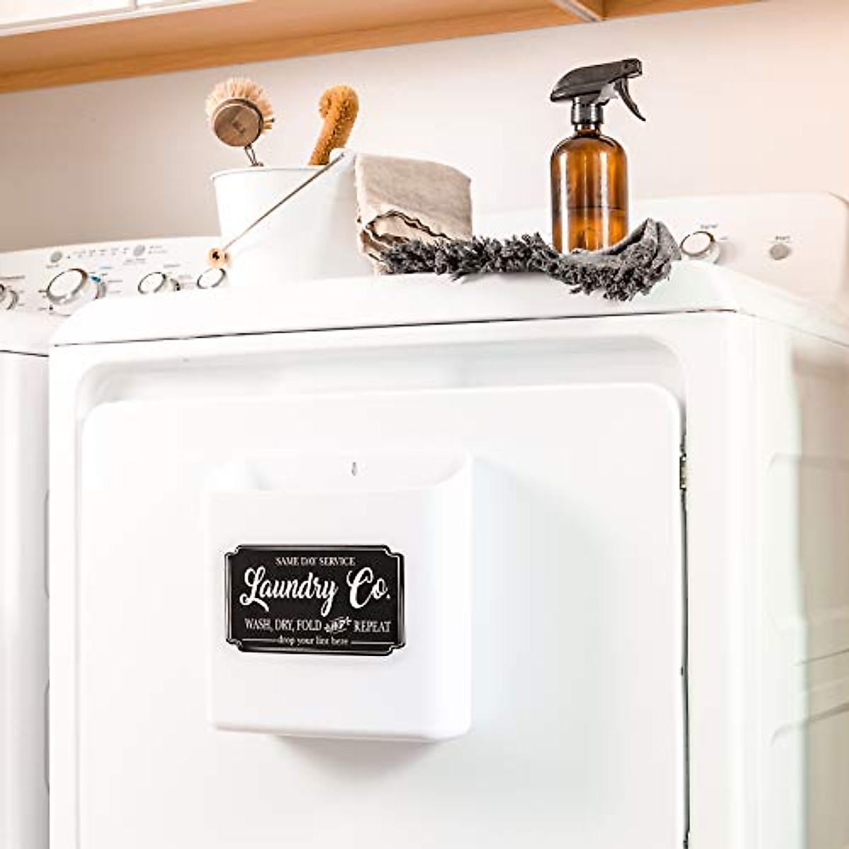 Lint Bin for Laundry Room Modern Farmhouse Decor Magnetic Container - Includes Wall or Magnetic Mount Accessories With Sign