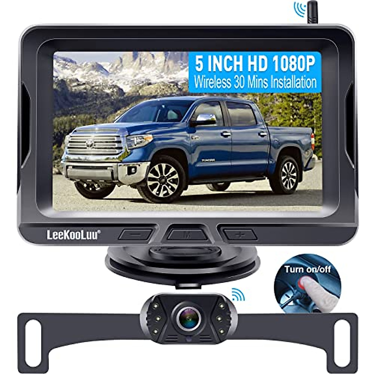 LeeKooLuu Wireless Backup Camera 5 Inch Rear View Monitor Kit HD 1080P Bluetooth Reverse Cameras for Truck Car Van Camper Two Channels Waterproof Night Vision DIY Parking Guide Lines LK2