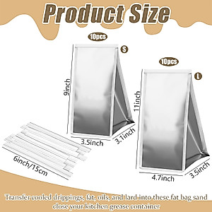 Droutti 20 Pcs Disposable Grease Storage Bags 11/9 inch Foil Grease Disposal Container Food Storage Bags with Sealing Strips Replacement Grease Bags for Kitchen Cooking Hot Liquids Oils, silver