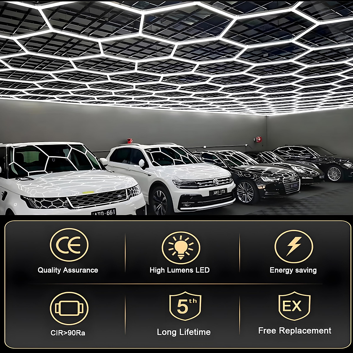 LED Hexagon Garage Light,14Hexagon Honeycomb Lights 600W 66000 Lumens Hexagon Garage Light with T5 Tube Rectangle Aluminum Frame 6500K for Garage,Auto Beauty Shop,Car Detailing Shop