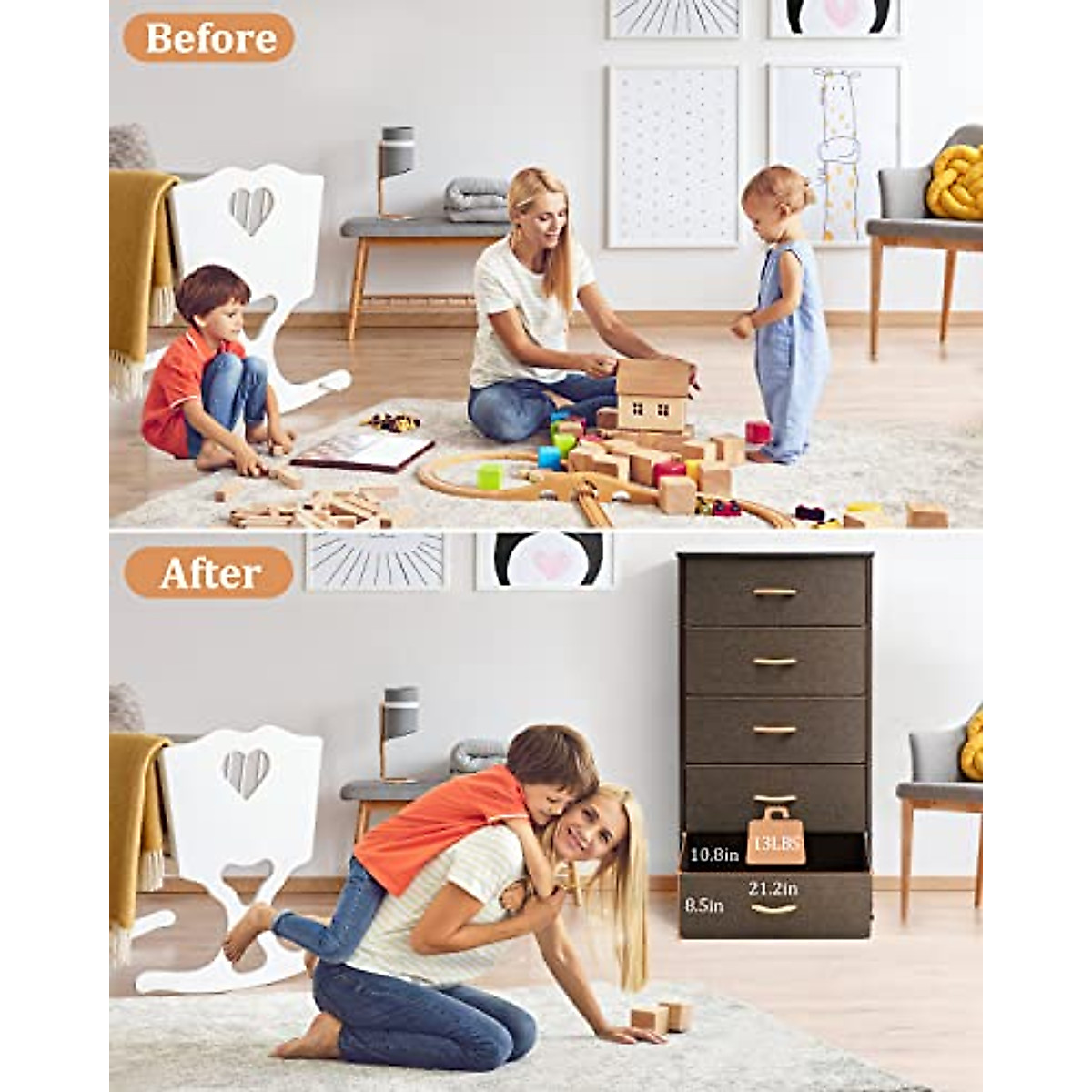 JOINHOM Dresser Storage Tower with 5 Drawers, Fabric Tall Dresser Drawer for Bedroom, Office, Entryway, Living Room and Closet - Sturdy Steel Frame, Easy Pull Bins & Wooden Top