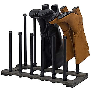 MyGift Industrial Black Metal Pipe Free Standing Boot Rack Stand with Rustic Gray Solid Wood Base, Entryway Boot Rack Organizer Tall Boots, Holds 6 Pairs