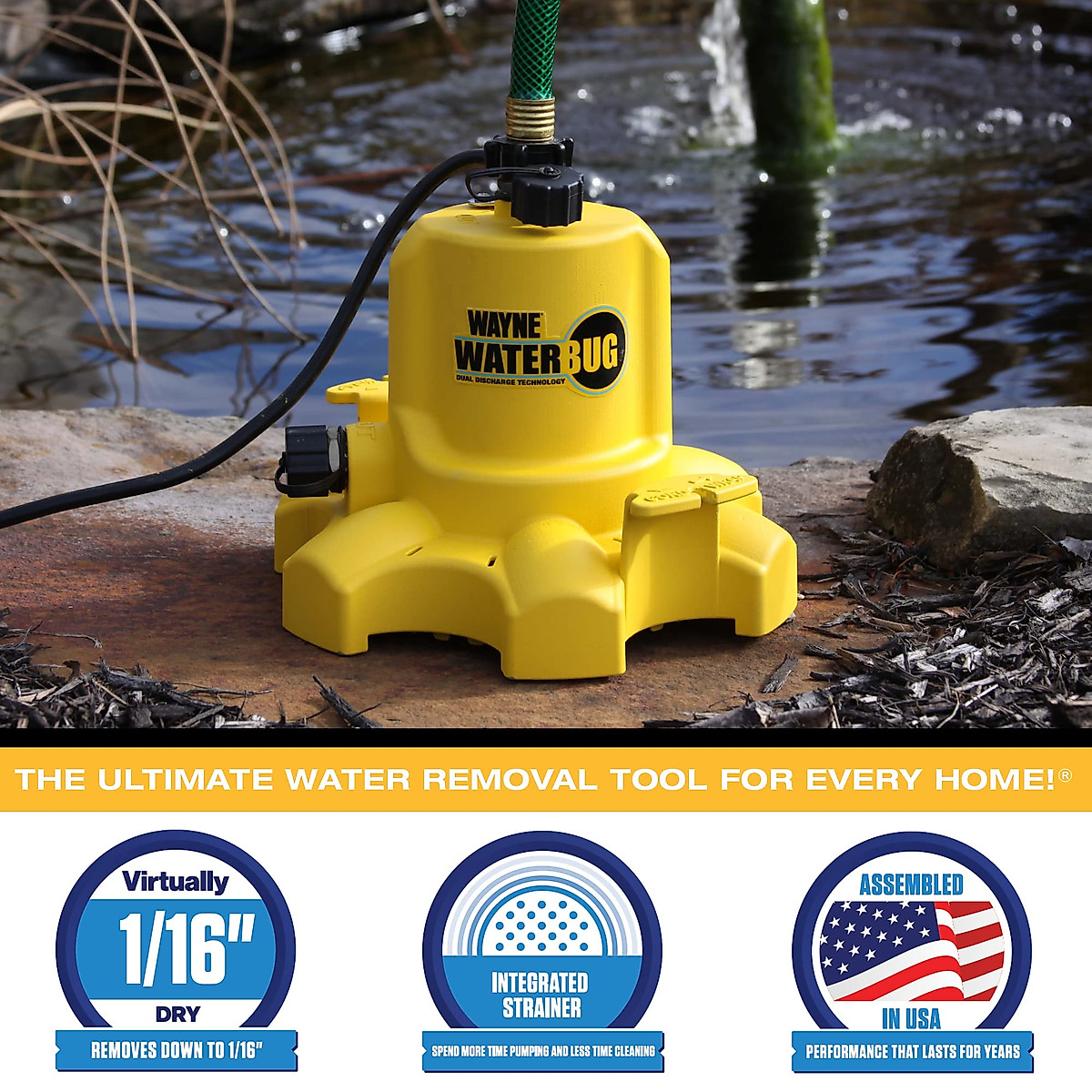 WAYNE WaterBUG 1/6 HP 1350 GPH Submersible Multi-Flo Technology-Water Removal and Transfer Pump, No Size, Yellow