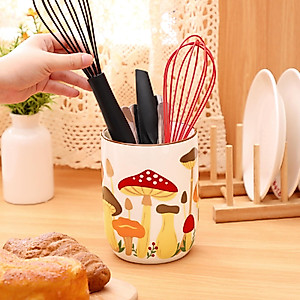 Nefelibata Mushroom Ceramic Utensil Holder Rustic Functional Utensil Crock Kitchen Storage Decor Perfect for Storing Cooking Tools and Cutlery Keep Organized Large Crock for Countertops