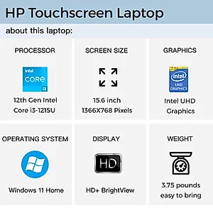 HP 2023 15.6" HD Touchscreen Laptop, Intel Core i3-1215U (Beat i5-1135G7), 16GB RAM, 512GB SSD, Intel UHD Graphics, WiFi, Bluetooth, HDMI, USB-A&C, Long Battery Life, Windows 11 Home, Silver