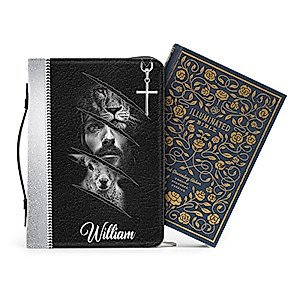 Jesuspirit Personalized Zippered Leather Bible Cover Xlarge Size - Lion & Lamb Customized Bible Case With Handle - I Can Do All Things Through Christ - Philippians 4:13 - Gift For Worship Members, BFF