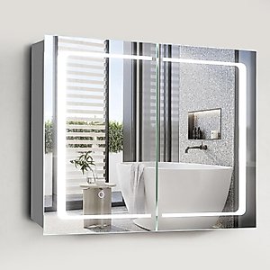 Movo Lighted Bathroom Mirrored Medicine Cabinet,24 x 32 Inch Surface Mount Medicine Cabinet with Mirror and LED Light,Double Doors Bathroom Cabinet with Storage Shelves,3-Color Temper Lights