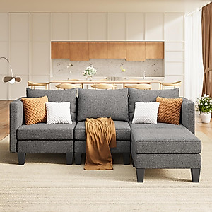 Gizoon Modular Sectional Sofa, Convertible L Shaped Sofa Couch with Removable Armrests, 4 Seat Sofa Bed, Sectionals with Ottomans for Living Room, Apartment, Dark Grey