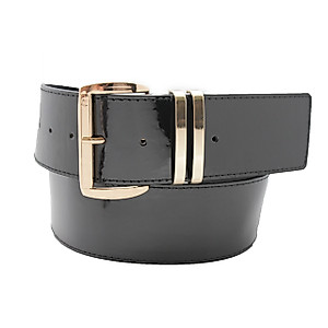 TFJ Women Fashion Wide Belt Faux Leather Metal Buckle Plus Size L XL (Black - patent faux leather)