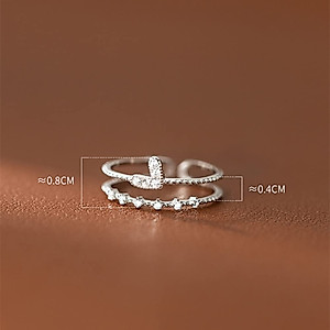 Dtja Layered CZ Heart Promise 925 Sterling Silver Ring for Women Girls Crystal Forever Love Statement Stacking Expandable Open Rings Adjustable Comfort Fit Wedding Valentine Birthday Jewelry Gift