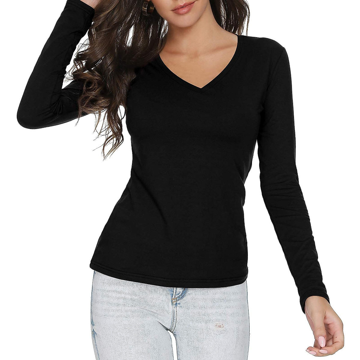 LINDLOOK Women's Slim Fitted V Neck Long Sleeve T Shirt Basic Soft Cotton Tops(Black/V-Neck,L)