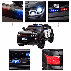 Winado 12V Kids Ride On Police Car Electric Toy w/ 2.4G Parent Remote Control, Battery Powered Vehicle with Flashing Lights, Megaphone Siren Horn, Music, Black