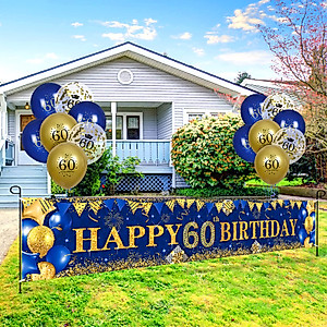 60th Birthday Decorations for Men Women Navy Blue and Gold 60th Birthday Yard Banner and 18 PCS 60th Birthday Balloons Birthday Party Supplies for Anniversary Birthday Party Indoor Outdoor Yard Decor