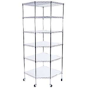 KCHEX 6-Tier NSF Corner Shelving/w Wheels, 28" D x 28" W x 72" H Heavy Duty Wire Steel Shelf Garage Storage Shelving Rack Chrome
