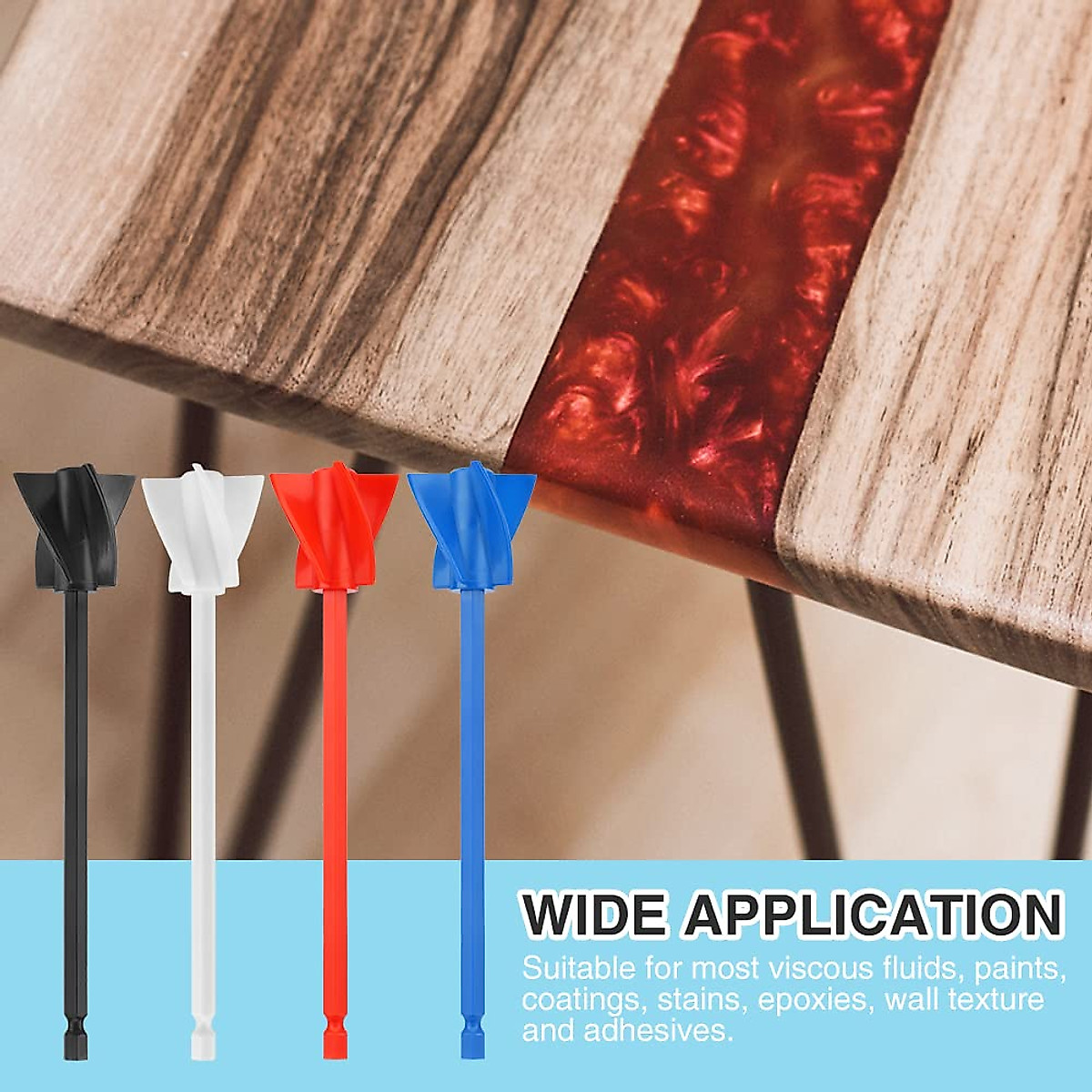 QOONESTL Resin Mixer Paddles, 4pcs Reusable Paint Mixer Epoxy Mixer Paddles, Multipurpose Mixer Drill Attachment for Resin, Paint, Silicone, Ceramic Glaze Mixing(Black+White+Red+Blue)