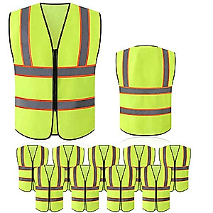 Tekware Safety Vest with High Reflective Strips, Pack of 10 Bright Neon Color Construction Protector with Zipper, Size XXL