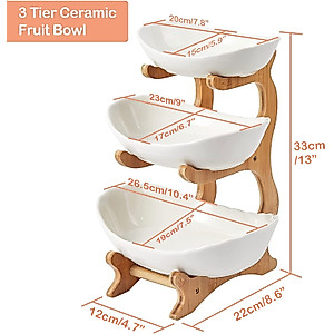 Goyappin 3 Tier Ceramic Fruit Bowl, with Bamboo Wood Stand, White Kitchen Fruit Basket Stand Fruit Serving Tray Set for Vegetable Storage, Snack Dessert Cake Candy Tray Plate Holder