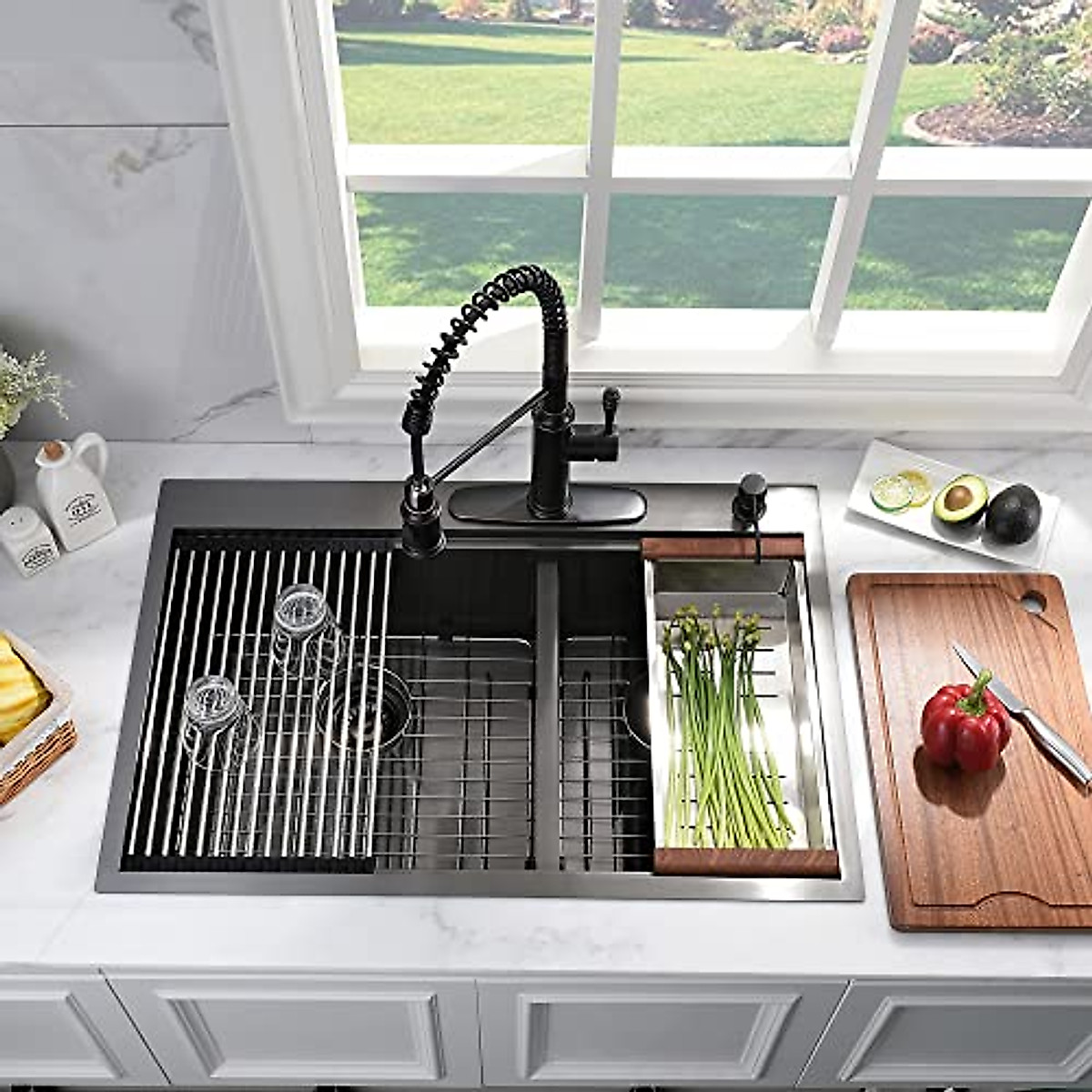 SOMRXO 28 Black Stainless Steel Kitchen Sink Double Bowl 28x22 Drop In Kitchen Sink Workstation Ledge 16 Gauge Gunmetal Black Kitchen Sink Topmount 10" Deep 40/60 Low-Divide Double Bowl Kitchen Sinks