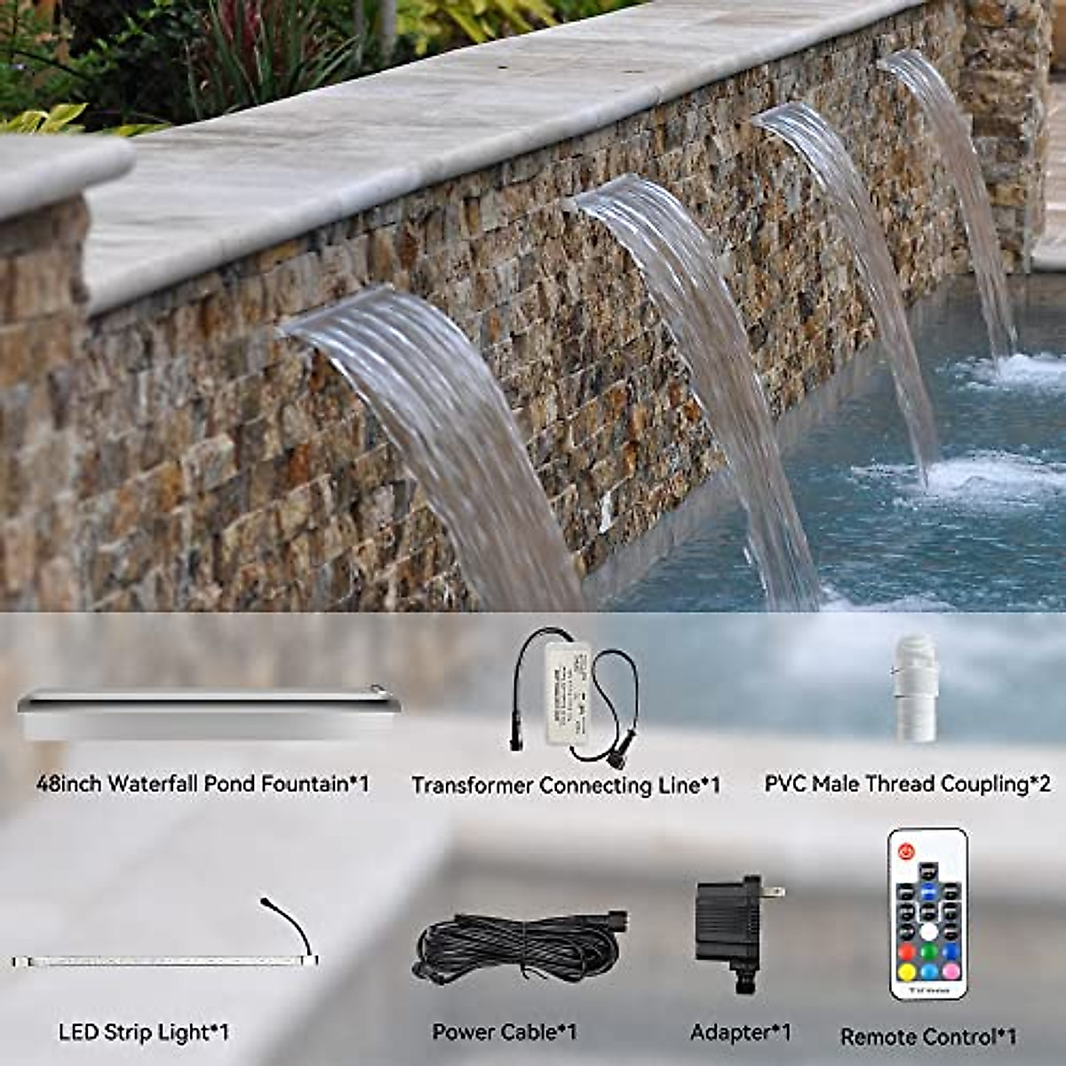 YITAHOME 48" Pool Fountain Stainless Steel Pool Waterfall with 7 Colors LED Light Changing Remote for Spillway, Swimming Pool, Outdoor Garden Decorations Transparent