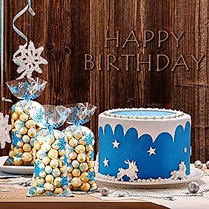 Christmas Cellophane Bags Winter Snowflake Holiday Treat Bags Blue Plastic Candy Goodie Bags with Twist Ties for Winter Xmas Wonderland Birthday Holiday Party Favors (200 Counts)