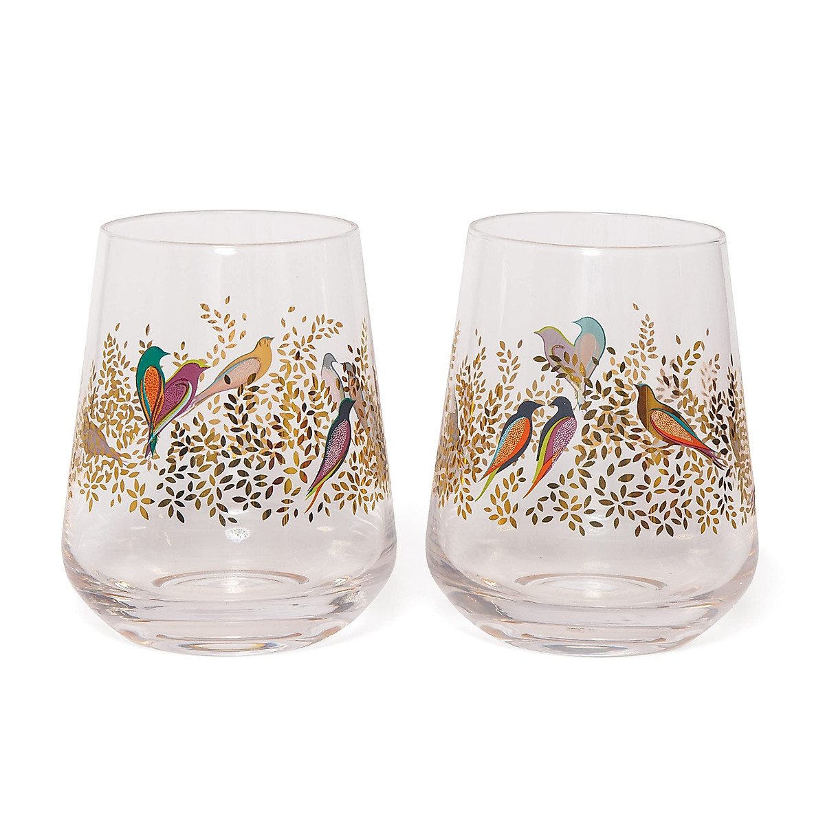 Spode Sara Miller London Chelsea Tumblers | Set of 2 | 14 Oz Stemless Glasses for Ros, Red, or White Wine | Colorful Birds Design | Handwash Only