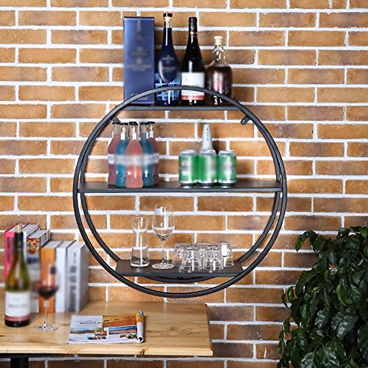 PIBM Stylish Simplicity Shelf Wall Mounted Floating Rack Shelves Round Shape Iron Art Storage Bookshelf Bar Living Room,2 Colours,3 Layers, Black , 70x24x70cm