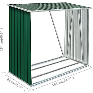 vidaXL Garden Firewood Storage Shed- Galvanized Steel Green Log Shed- Compact Outdoor Wood Storage Solution- 64.2"x32.7"x60.6"- Durable and Easy to Assemble
