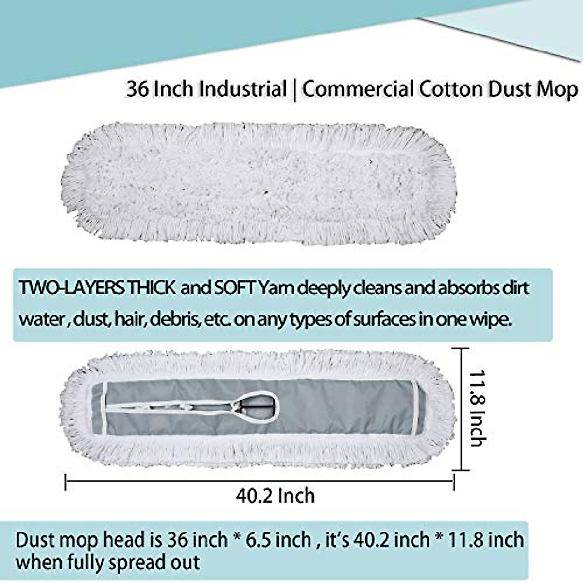 Midoneat 36 Inch Industrial Commercial Cotton Dust Mop || 63 Inch Pole || Two-Layers Thick and Soft Cotton Yarn Clean Dirty Water Dust and Hair More Easily|| 2 Sets Economical (36 inch)