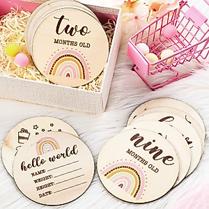 13 Pieces Baby Monthly Milestone Wooden Cards Boho Rainbow Double Sided Printed Milestone Discs Wood Gift Photo Prop Discs Sets Birth Announcement Sign for Baby Shower Newborn