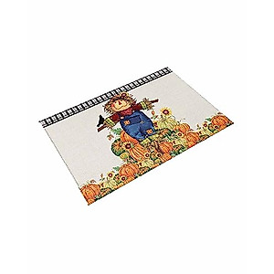 Outdoor Area Rug for Patio,Scarecrow Pumpkin Autumn Thanksgiving Camping Rugs Indoor Large Floor Mat 4x6ft,Farmhouse Black Plaid Linen Outside Carpet for Deck RV Picnic Porch Backyard Bedroom