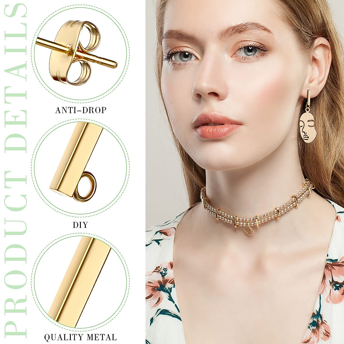 Hinly 80 Pieces Stainless Steel Earring Posts Stud Earring with Loop 80 Pieces Ear Nut Bar Pierced Post for DIY Jewelry Making, 2 Sizes(Gold)