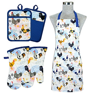 Alselo Oven Mitts and Pot Holders with Chef Apron,Set of 5 Heat Resistant Kitchen Gloves and Silicone Non-Slip Potholders Adjustable Neck Buckle Chef Apron, Cotton Nice Design for Cooking (Rooster)