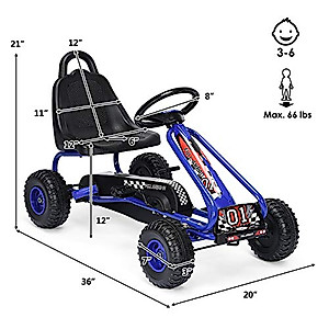 HONEY JOY Go Kart for Kids, 4 Wheel Pedal Powered Go Cart with Steering Wheels & Adjustable Seat, Safety Hand Brake, Non-Slip Tires, Outdoor Off-Road Racer Ride On Pedal Car for Boy Girl (Blue)